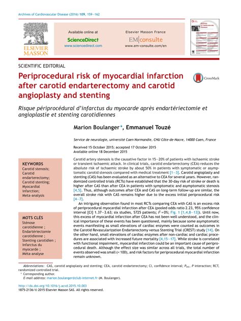 Pdf Periprocedural Risk Of Myocardial Infarction After Carotid Endarterectomy And Carotid