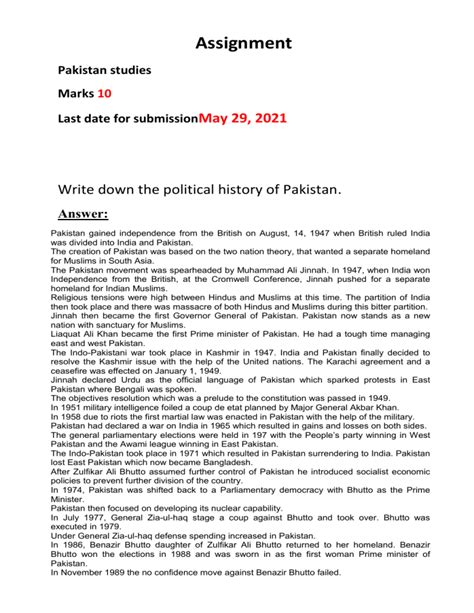 Pakistan Political History Assignment