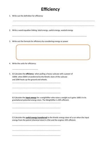 Ks4 Gcse Physics Efficiency Formula Worksheet With Questions And Answers Teaching Resources