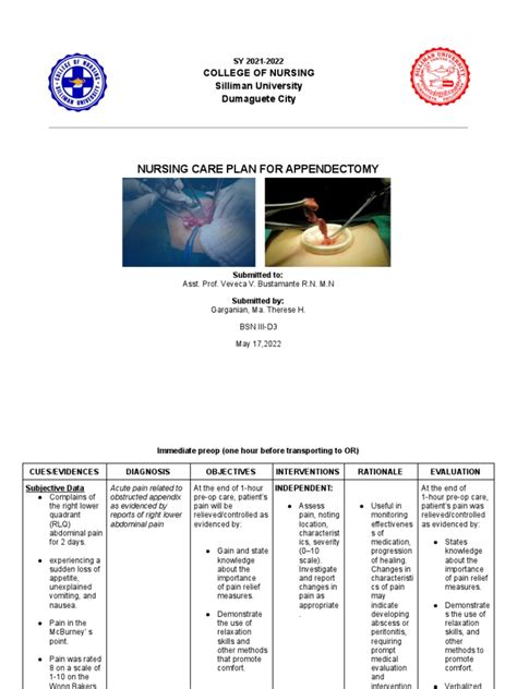 Appendectomy Ncp Garganian Pdf Respiratory System Pain
