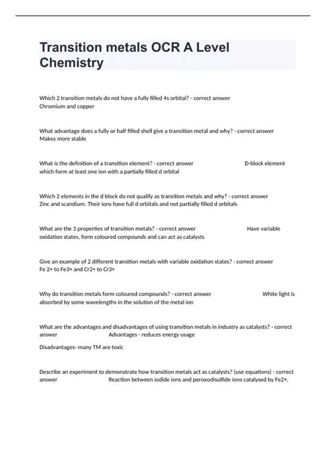 Transition Metals Ocr A Level Chemistry Comprehensive Exam With Questions And Correct 100