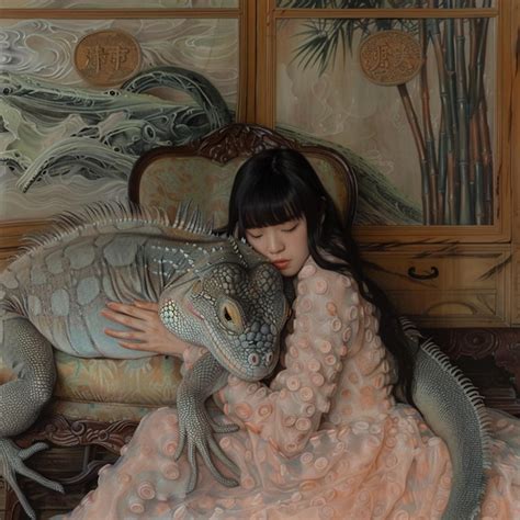 There Is A Woman Sitting On A Couch With A Lizard On Her Lap Generative