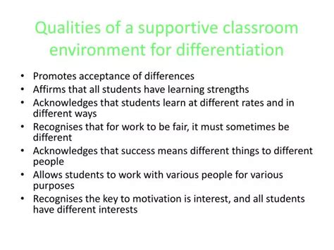 Ppt Qualities Of A Supportive Classroom Environment For Differentiation Powerpoint