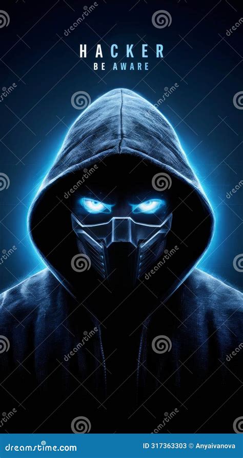 Mysterious Cybersecurity Hacker With Glowing Blue Eyes In Dark Hood