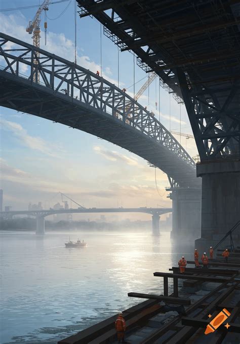 A Large Metal Truss Bridge Is Under Construction Over A Wide River
