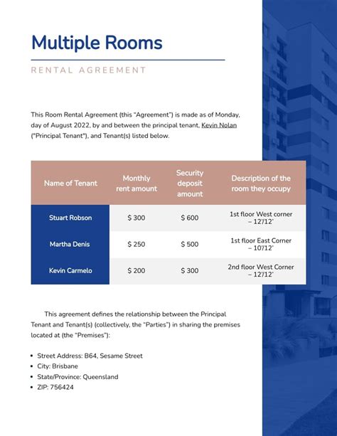多房间租赁协议模板 Visme