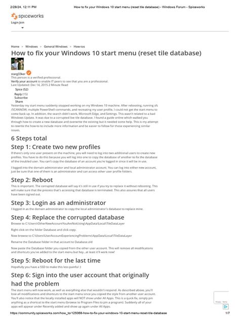 How To Fix Your Windows 10 Start Menu Reset Tile Database Windows Forum Spiceworks Pdf