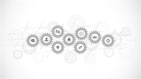 인포그래픽 요소와 플랫 아이콘이 있는 정보 기술 개념 톱니바퀴와 기어 휠 메커니즘 하이테크 디지털 기술 및 엔지니어링 추상적 기술적 배경 개념에 대한 스톡 벡터 아트 및