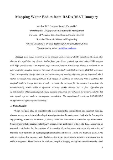 Pdf Mapping Water Bodies From Radarsat Imagery