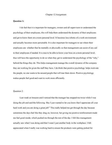 Chapter 12 Assignment Chapter 12 Assignment Question 1 I Do Feel That It Is Important For