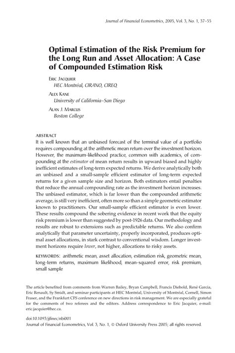 Pdf Optimal Estimation Of The Risk Premium For The Long Run And Asset