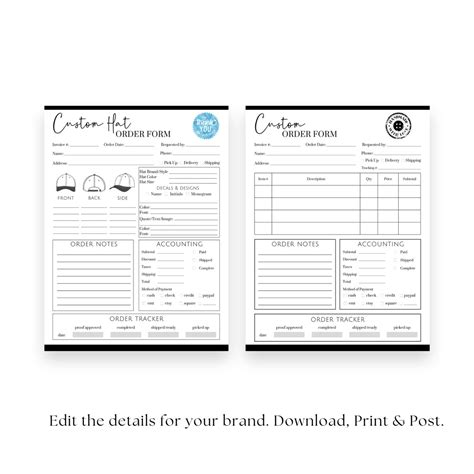 Editable Custom Order Form Bundle Printable Order Forms Order Form Template Custom Hat Form