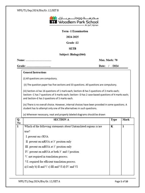 Gr12 Bio Sample Paper T1 Pdf Molecular Biology Biochemistry