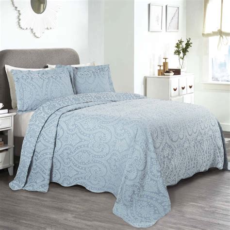 Bnm 3 Piece Floral Cotton Blend Light Blue Bedspread Set Queen