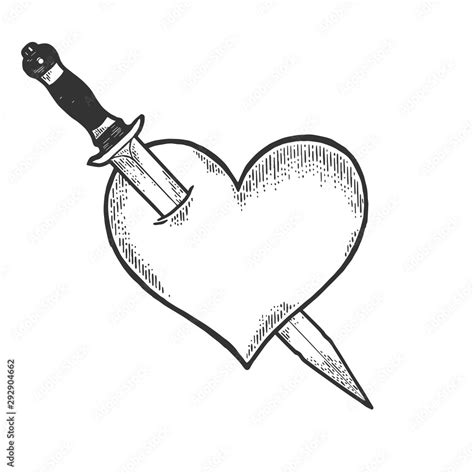 Vetor De Heart Symbol Pierced With Knife Dagger Weapon Sketch Engraving