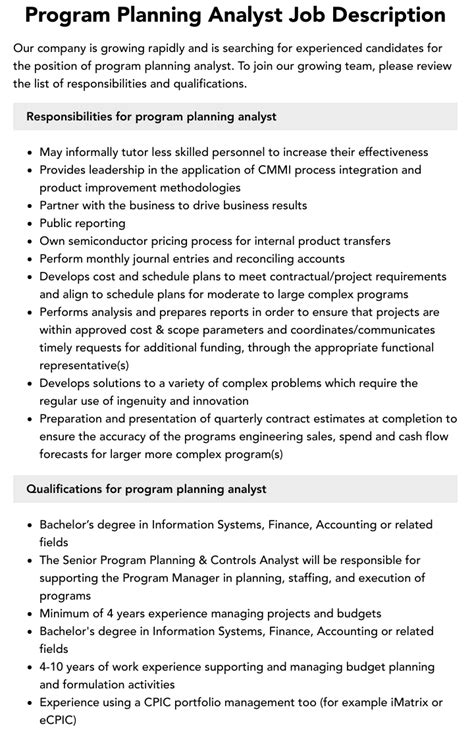 Program Planning Analyst Job Description Velvet Jobs
