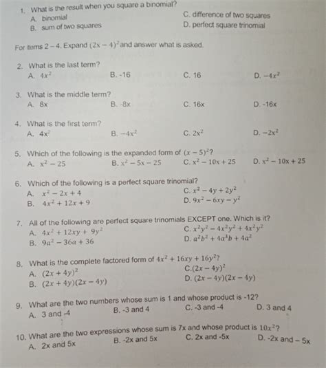 Solved 1 What Is The Result When You Square A Binomial A Binomiall