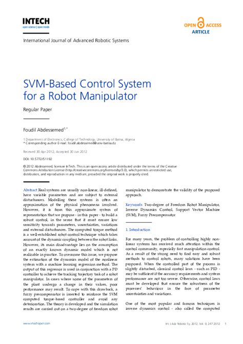 pdf svm based control system for a robot manipulator