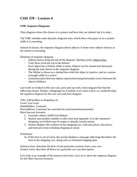 uml sequence diagrams lecture notes csis 360 docsity