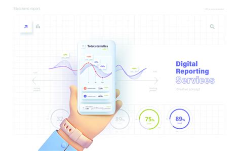 성장 지표 손이 전화를 들고 있습니다 데이터 분석 및 회계를 위한 모바일 애플리케이션 파일 관리 전자 보고서 3d 스타일의 벡터