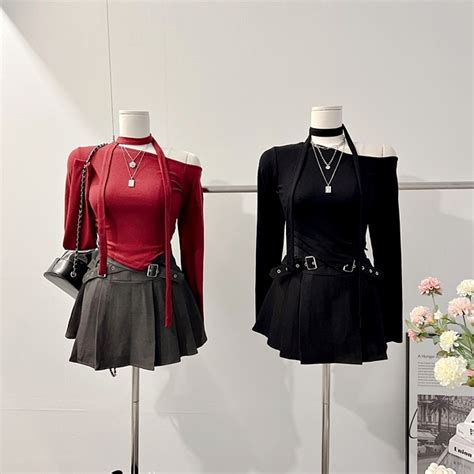 이프유마인 y k 하이틴 유니크 봄 도브 초커 머플러 스카프 타이 밑단 언발 사선 오프숄더 레이어드 이너 무지 크롭 긴팔 티셔츠 투피스 세트 color