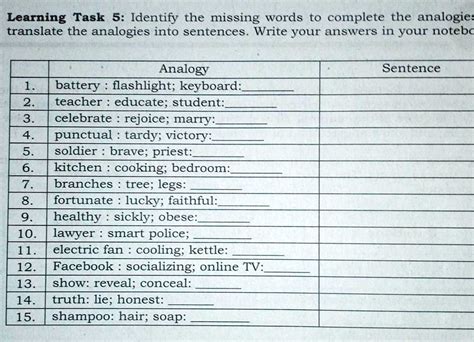 SOLVED: Please help me, any number will do. Thank you! Learning Task 5: Identify the missing ...