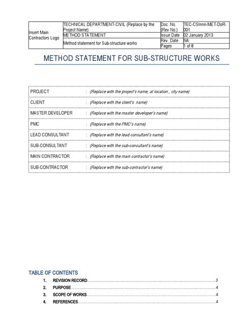 Method Statement For Construction Of Substructure Elements Pdf