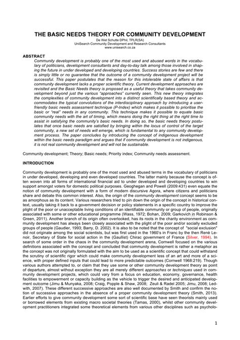 Pdf The Basic Needs Theory For Community Development