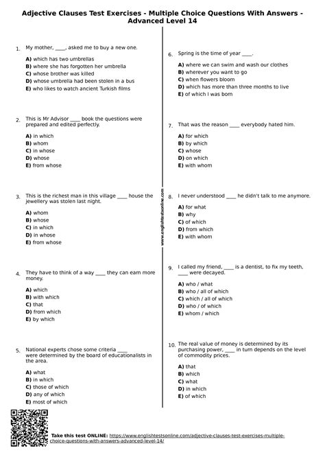 SOLUTION Adjective Clauses Test Exercises Multiple Choice Questions With Answers Advanced