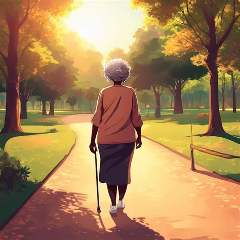 Illustration Of An Elderly Black Woman Walking In A Park Premium Ai
