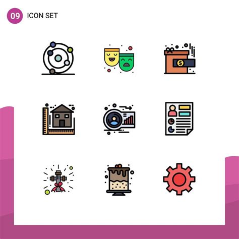 Mobile Interface Filledline Flat Color Set Of 9 Pictograms Of Analysis Home Achievement
