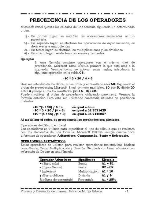 Manual De Excel De Funciones Precedencia De Los Operadores Microsoft