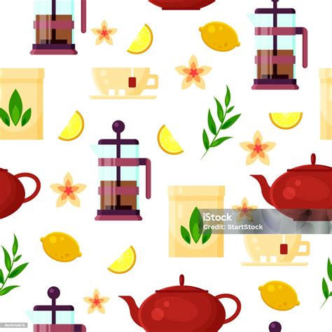 다도주전자 프랑스 언론 컵 레몬 차 잎 평면 벡터 일러스트 레이 션완벽 한 패턴 0명에 대한 스톡 벡터 아트 및 기타 이미지 0명 건강한 생활방식 날씨 Istock