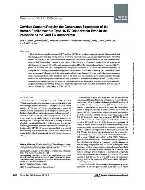 Pdf Cervical Cancers Require The Continuous Expression Of The Human