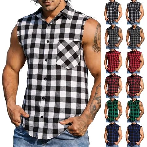 Antqov Sleeveless Shirts For Men Fashion Plaid Printed Lapel Button