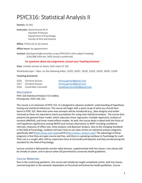 Psyc316 Statistical Analysis Ii Course Syllabus
