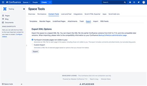 creating a xml export of a space