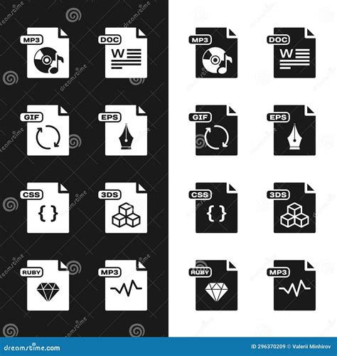 Set Eps File Document  Mp3 Doc Css 3ds And Ruby Icon Vector Stock Illustration