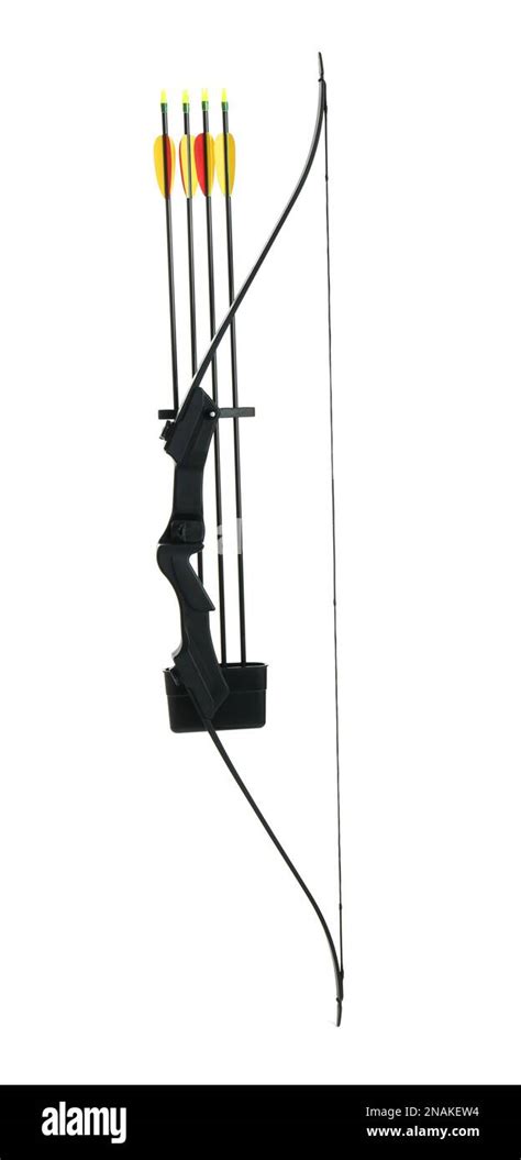 Black Bow And Plastic Arrows On White Background Archery Sports