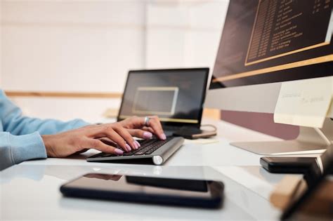 Premium Photo Closeup Image Of Engineer Debugging And Upgrading Software