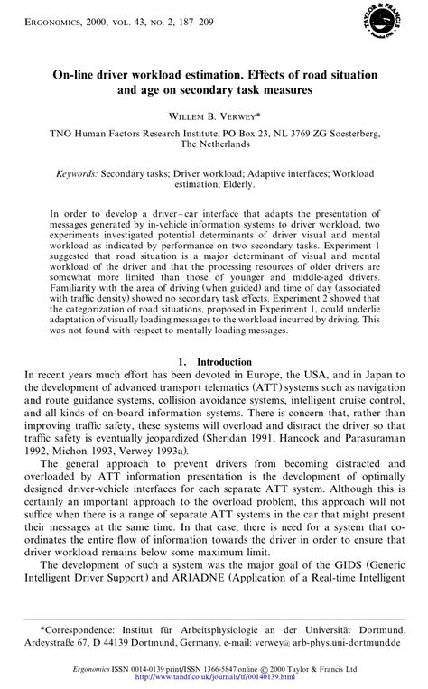 Pdf On Line Driver Workload Estimation Effects Of Road Situation And Age On Secondary Task