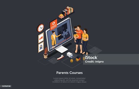 임산부와 미래의 부모를위한 아이소메트릭 온라인 교육 과정 출산 모성 및 육아 가족 심리학자 상담 젊은 어머니와 아버지를 위한 강의 3d 벡터 일러스트레이션 등측투영법에 대한