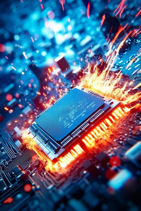 A Computer Chip On Top Of A Circuit Board With Sparks Coming Out Of It