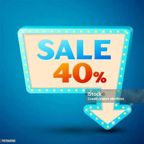램프 및 화살표 비문 판매 40 할인을 가진 파란 배경에 빛나는와 복고풍 광고 판 비즈니스 배너 홍보 포스터 밝은 간판 쇼핑 벡터 일러스트 레이 션 40에 대한 스톡 벡터