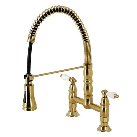 Kingston Brass Heritage Double Handle Pull Down Sprayer Kitchen Faucet In Brushed Brass