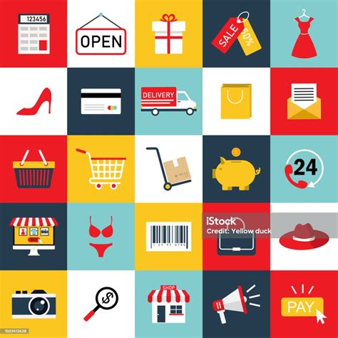 온라인 쇼핑 컬렉션 플랫 아이콘입니다 벡터 일러스트레이션 스타일 현대적인 디자인입니다 전자 상거래 색상 기호 집합입니다 간단한 웹 스토어 로그인입니다 요소는 무역 바구니