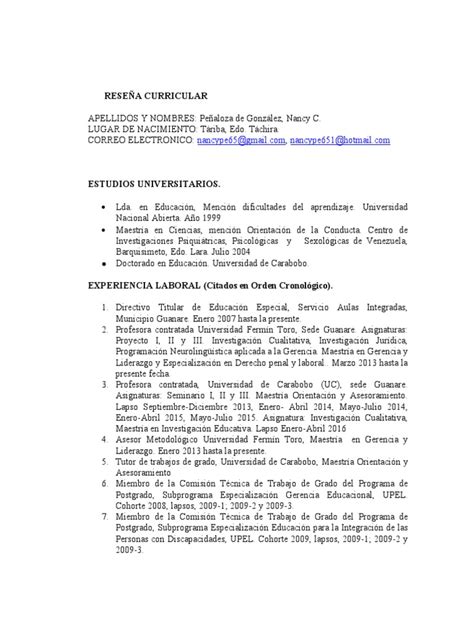 Reseña Curricular Nancy Peñaloza Pdf Educación De La Primera
