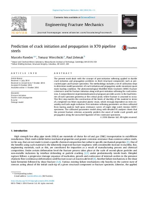 Pdf Prediction Of Crack Initiation And Propagation In X70 Pipeline Steels