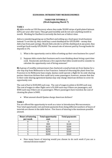 In Tutorial Questions Week ECON INTRODUCTORY MICROECONOMICS TASKS FOR TUTORIAL Week