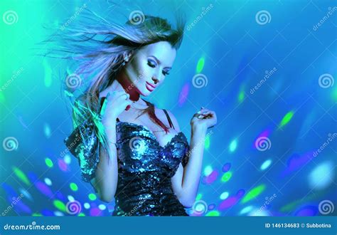 Fashion Model Woman Dancing In Neon Light Disco Dancer Posing In Uv